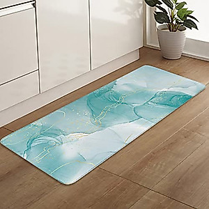 ZOE GARDEN 2 Pcs Kitchen Rug Set, Marble Aqua Non-Slip Kitchen Mats and Rugs Comfort Floor Door Mat Doormat, Long Throw Bath Runner Rug Mat Gradient Gold Aesthetics Abstract Minimalist Art