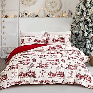 Luxudecor Christmas Duvet Cover Set King Size 3 Pieces Red Yuletide Duvet Cover Hello Winter Pattern Bedding Set with Pillowcase for Christmas New Year (104"x90")