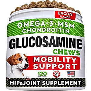 Glucosamine Treats for Dogs - Joint Supplement w/Omega-3 Fish Oil - Chondroitin, MSM - Advanced Mobility Chews - Joint Pain Relief - Hip & Joint Care - Bacon Flavor - 120 Ct - Made in USA