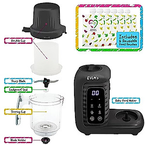 EVLA'S Double Baby Food Maker, Food Processor with 2 Steaming Baskets, Blender, Grinder, Steamer, Cooks & Blends Healthy Homemade Baby Food in Minutes, Touch Screen Control, with 6 reusable food pouches, Dark Gray