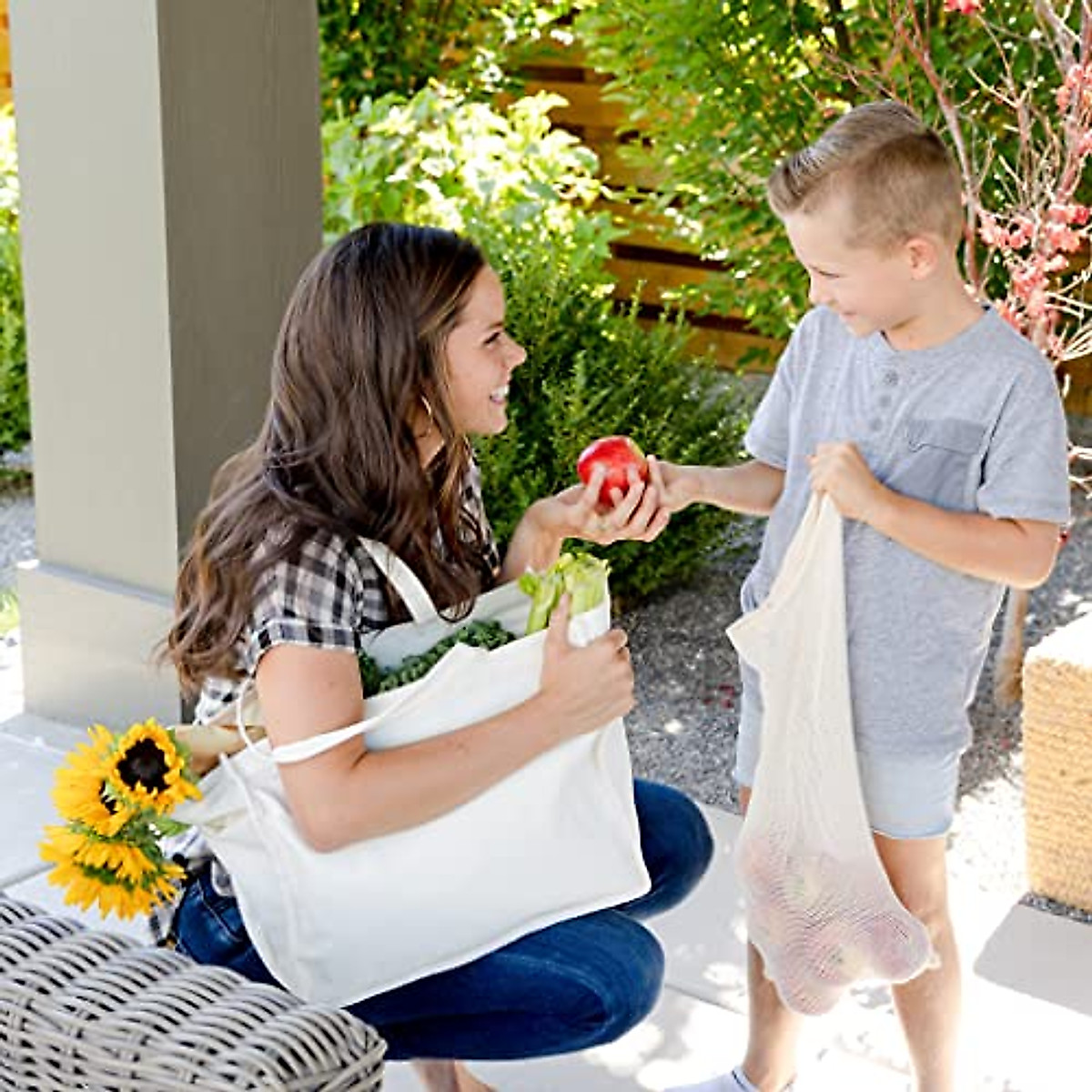 Reusable Grocery Bags Set of 12, 100% Cotton Plain Cloth Blank Canvas Heavy Duty Bag Bundle, With Handles for Shopping, Produce, Farmers Market, Include 3 Small, 3 Medium, 3 Large Mesh Bags, 3 Tote