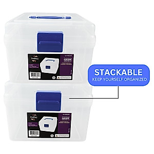 BIN BUDDY 8.25" x 8.25" x 6" (21 cm x 21 cm x 15.2 cm) Clear Plastic Storage Box | Blue Handle and Latch | Lightweight and Sturdy | Ideal for Beading, Crafting, and Hobbies