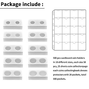 500 Cardboard Coin Holder for Collectors with 25 Sheets Coin Pocket Pages, 500 Pockets Coin Collecting Book Sleeves Protectors Storage and 10 Size 2" x 2" Currency Holders for Coin Collection Supplies