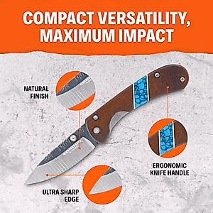 Condor Tool & Knife Blue River Hunter Folder | Hunting Knife | Pocket Knife with a Walnut and Reconstituted Turquoise Stone Handle | Stainless Steel Folding Knife | 3.02in Blade | 5.5oz (3.5mm Thick)