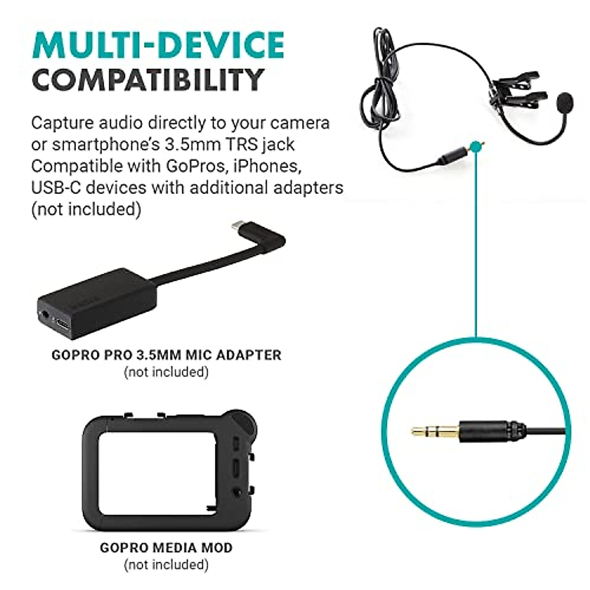 Movo ACM400 Flexible Gooseneck Omnidirectional Microphone for Motovlogging Moto Vlog Action Cam Helmet Mic - Clip on Microphone for Motorcycle Vloggers - Compatible with GoPro Media Mod