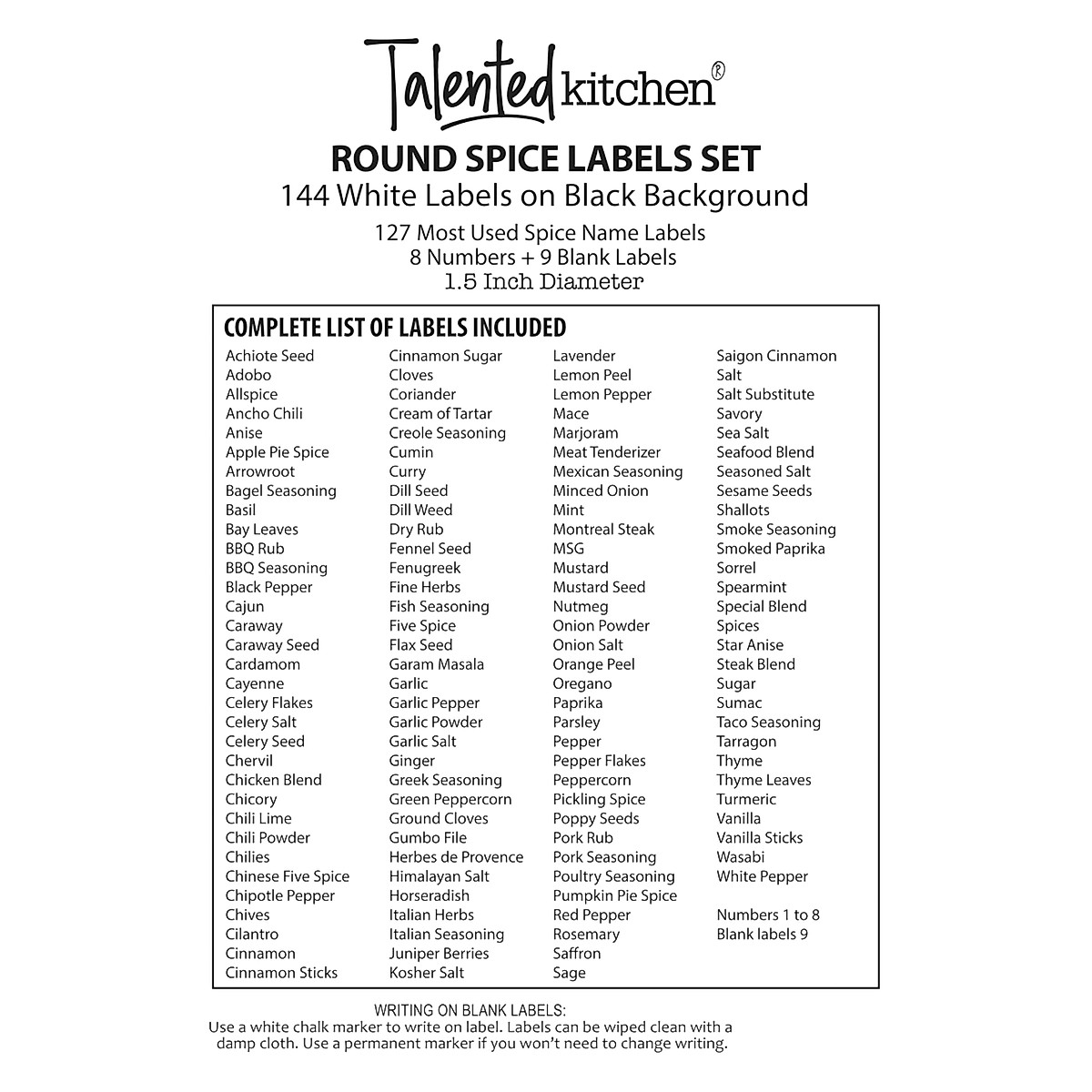 Talented Kitchen 144 Round 1.5 Inch Spice Jar Labels Preprinted, Chalkboard Seasoning Spice Labels Stickers + Numbers for Kitchen Organization and Storage (Water Resistant)