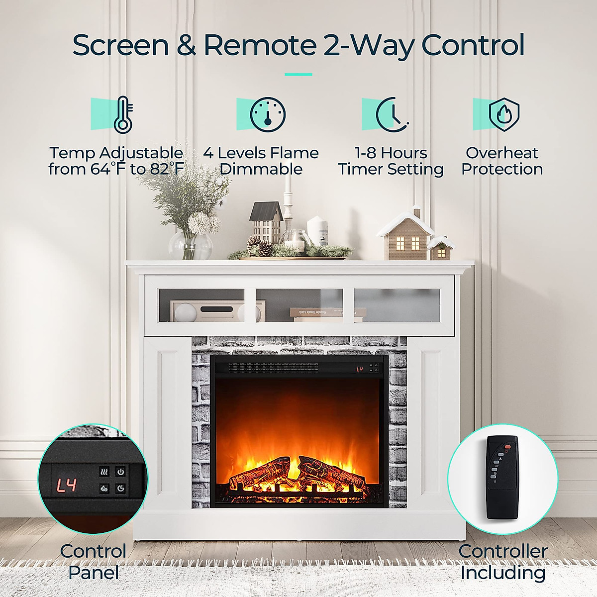 LINSY HOME Electric Fireplace Mantel, LED Faux Fireplace Heater with Remote Control & Adjustable Flame, Wooden Surround Firebox TV Console Table Free Standing Built-in Cabinet with Sliding Glass Door