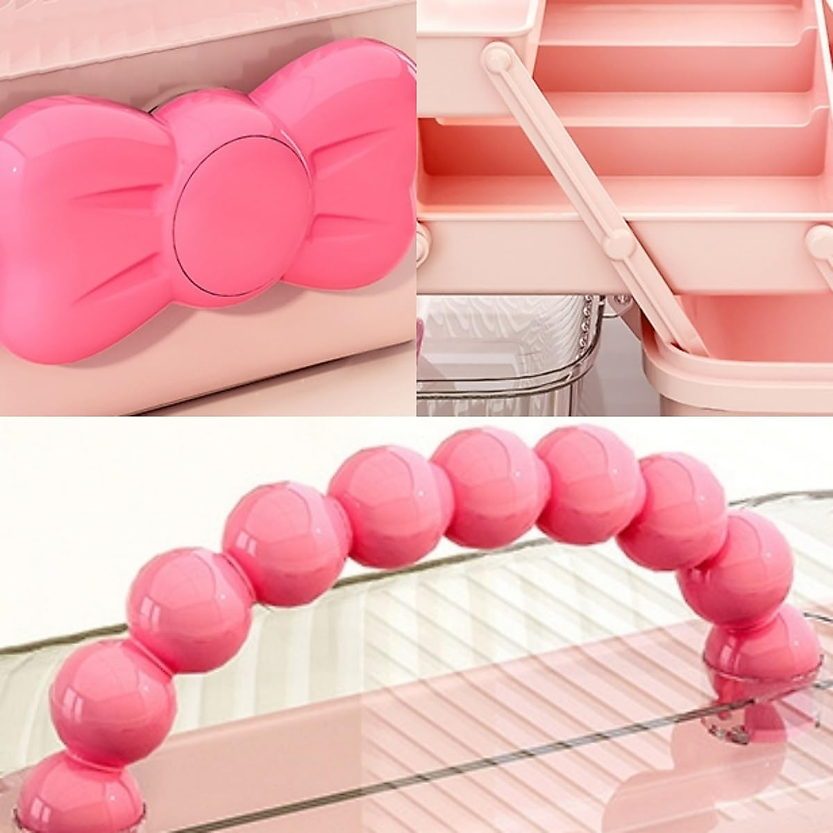 BUDUBIBI 3-Layer Storage Box Art Craft Organizer Storage Box, Hair Accessories Organizer for Girls Hair Clips, Headbands, Plastic Portable Jewelry Box, Folding Multipurpose Storage Box (Pink)