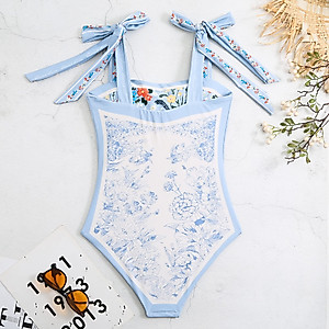 Women Floral One Piece Swimsuits, Reversible Tie Shoulder Monokini, Tummy Control Bathing Suits, Square Neck Swimwear (Medium) Blue