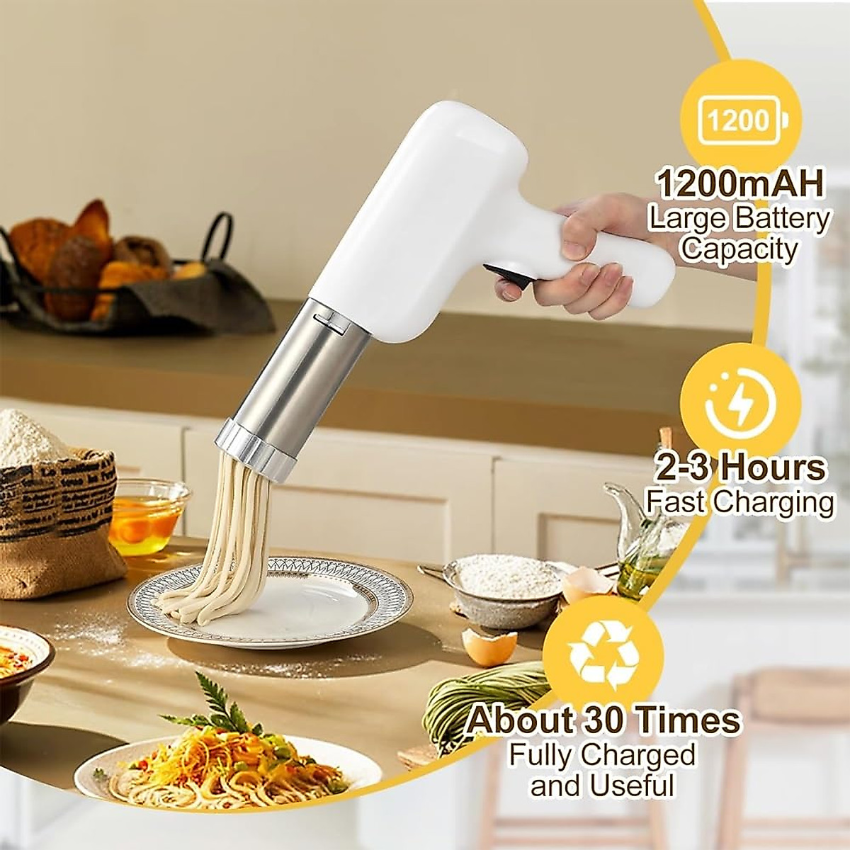 Upgrade Automatic Pasta Maker, Noodle Maker, Automatic Noodle Ejector, 5-in-1 Portable Cordless Noodle Press Maker Machine, Handheld Electric Pasta Maker Machine with Dough Cutter(Green)