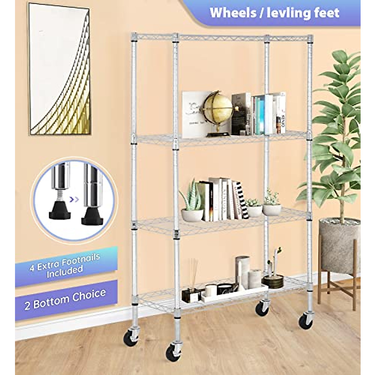 FDW 4-Tier Wire Shelving Storage Shelves Adjustable NSF Wire Shelf Heavy Duty Storage Shelving Unit on 3” Wheel Casters Commercial Metal Wire Rack 36L x 14W x 62H,Chrome