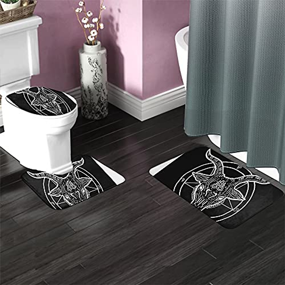 WONDERTIFY Pentagram Demon Bathroom Antiskid Pad Baphomet Satanic Goat Head Symbol Tattoo 3 Pieces Bathroom Rugs Set, Bath Mat+Contour+Toilet Lid Cover White Black
