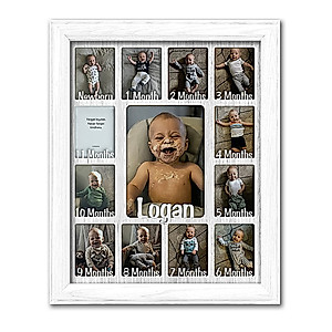 Northland Baby First Year Personalized Frame - Holds Twelve 2.5" x 3.5" Newborn Nursery Decor Photos and 5" x 7" One Year Picture, White Frame, White Mat, Customizable with any name