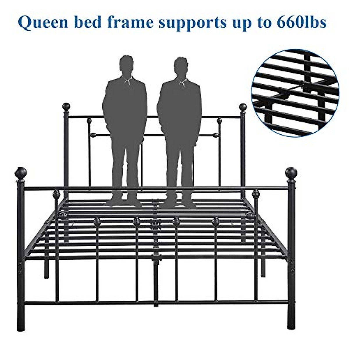 VECELO Queen Size Metal Platform Bed Frame with Headboard and Footboard, Sturdy Steel Slat Support/No Box Spring Needed Mattress Foundation/Easy Assemble，Victorian Style,Matte Black