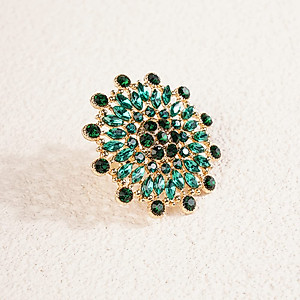 Jumwrit Big Round Ring Green Rhinestone Flower Ring Open Wrap Band Ring Adjustable Finger Ring Gold Knuckle Ring for Women Statement Ring