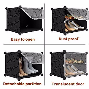 KOUSI Portable Shoe Rack Organizer 12 Grids Tower Shelf Storage Cabinet Stand Expandable for Heels, Boots, Slippers, Black
