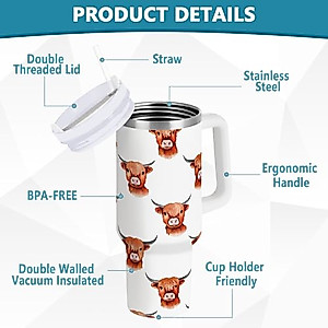 ODAWA 40oz Fall Insulated Tumbler with Straw and Handle, Cute Highland Cows Double Wall Insulated Tumbler