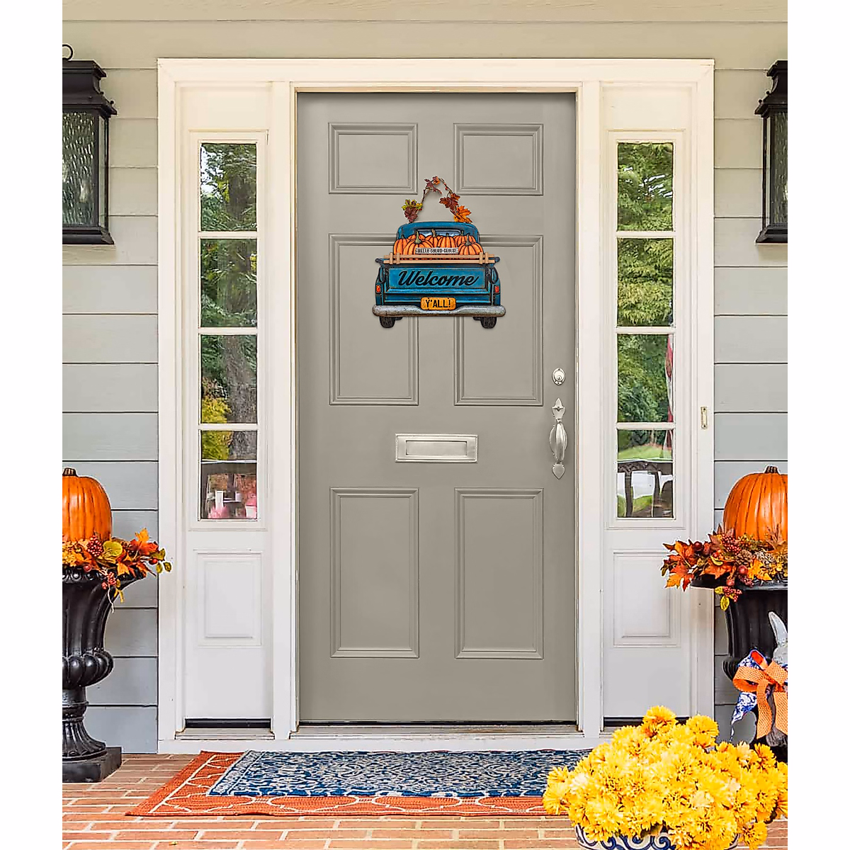 Interchangeable Welcome Sign for Front Door Blue Farmhouse Truck Decor Hanging Sign with 11 Interchangeable Seasonal and Holiday Decor Signs 12x14 in. (Blue Farmhouse Truck)