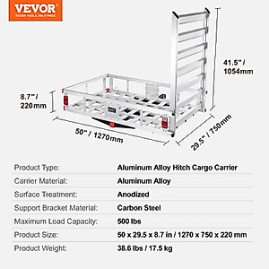 VEVOR 50 x 29.5 x 8.7 in Hitch Cargo Carrier, 500lb Capacity Trailer Hitch Mount Aluminum Cargo Basket with Folding Ramp, Luggage Carrier Rack Fits 2" Hitch Receiver for SUV Truck Pickup Camping