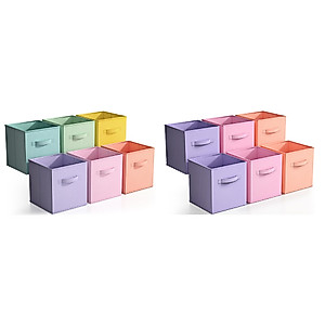 Sorbus 11 Inch Cube Storage Bins Bundle - Set of 6 Pastel Rainbow Bins & Set of 6 Purple, Pink, and Orange Bins (12 Storage Bins Total)