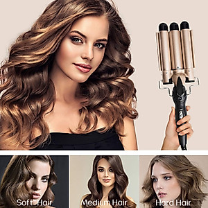 3 Barrel Curling Iron-Dual Voltage Hair Crimper,1 Inch Ceramic Tourmaline with Temperature Adjustable Hair Waver(Gold)