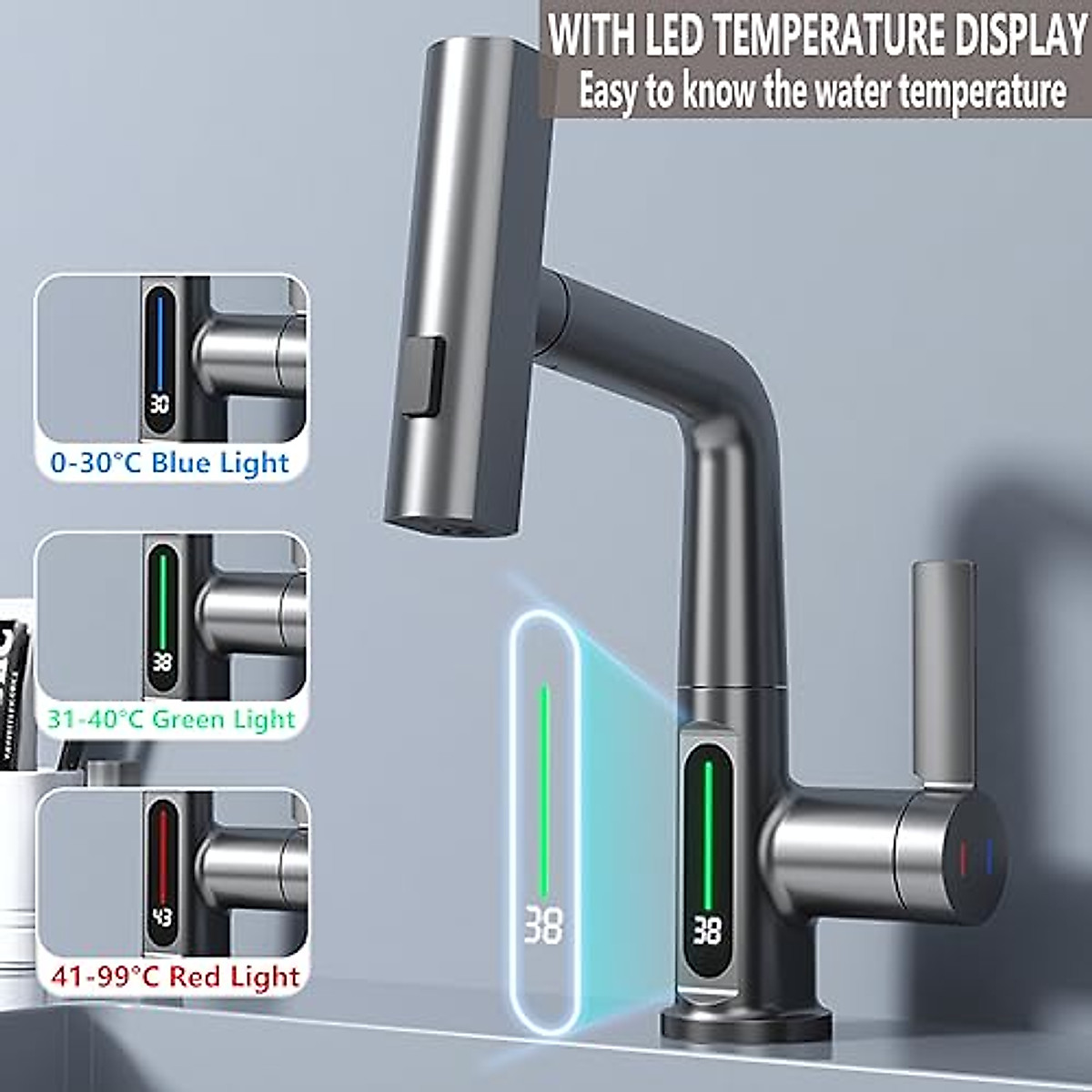 BARROCK Waterfall Bathroom Faucets with Pull Down Sprayer, Modern Pull Out Bathroom Sink Faucet with Digital Temperature Display, Height Adjustable Basin Mixer Tap No Battery Needed, Gun Grey