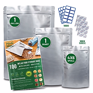 PoshMax Resealable Mylar Bags - Extra Thick Mylar Bags for Food Storage in 3 Sizes, Gallon, Quart and Small | Food Safe Mylar Ziplock Bag with Oxygen Absorbers for Food Storage 500cc | 100 Pack