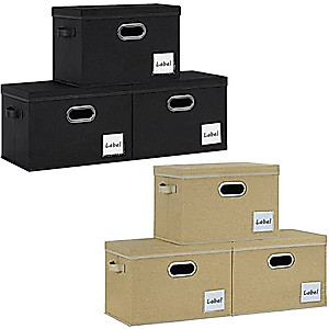 LHZK Large Storage Bins with Lids 6 Pack, Linen Fabric Storage Boxes with Lids, Foldable Storage Baskets with 3 Handles and Label Window for Shelves Bedroom Closet Office (15.75x11.8x10.2,Black,Beige)