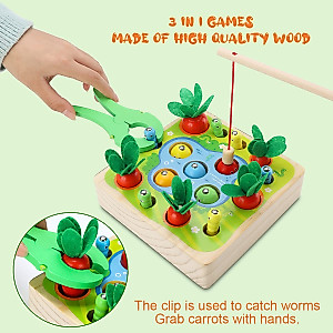 Celarlo Wooden Magnetic Fishing Game, Carrot Harvest Catching Worm Toy, Toddler Fine Motor Skills Toys, Montessori Preschool Learning 3 in 1 Fishing Sorting Toys Gift for Children Kids (Fishing Game)