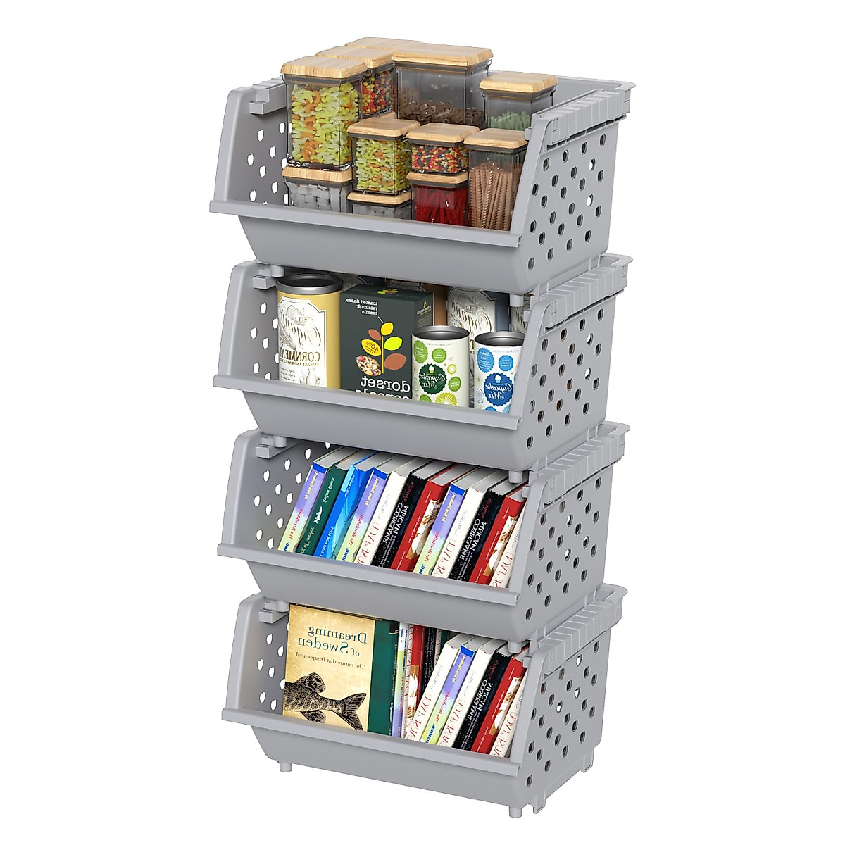 Udotry 4 Packs Plastic Stackable Storage Bins, Large Stacking Storage Baskets, Gray
