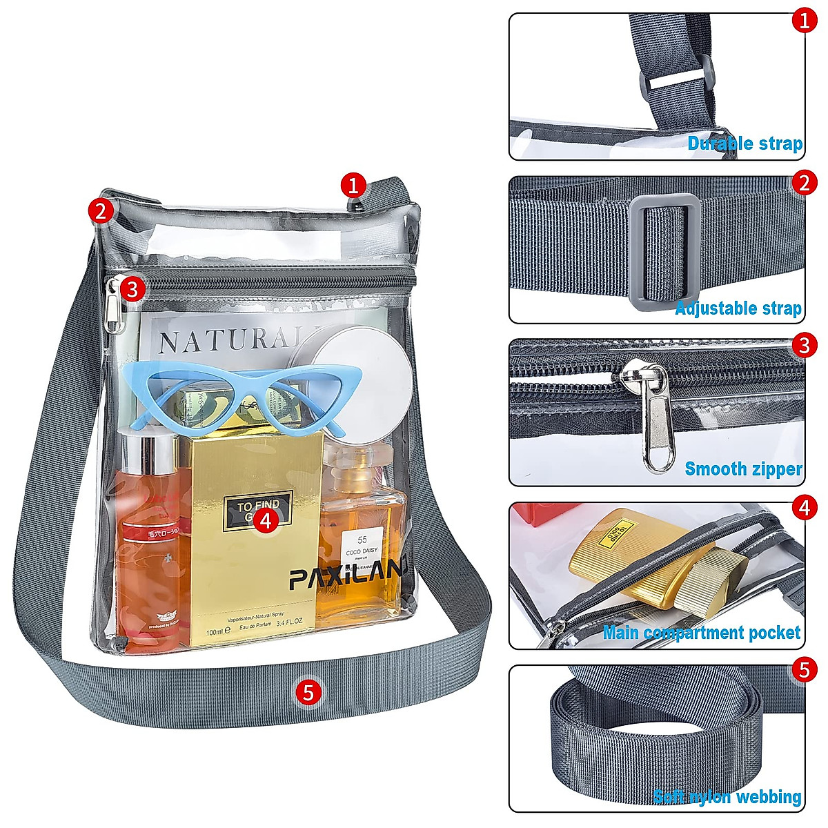 Clear Bag Stadium Approved PVC Clear Purse Clear Crossbody Bag with Adjustable Strap Upgraded Capacity Perfect for Concert Work Sports Festivals Grey
