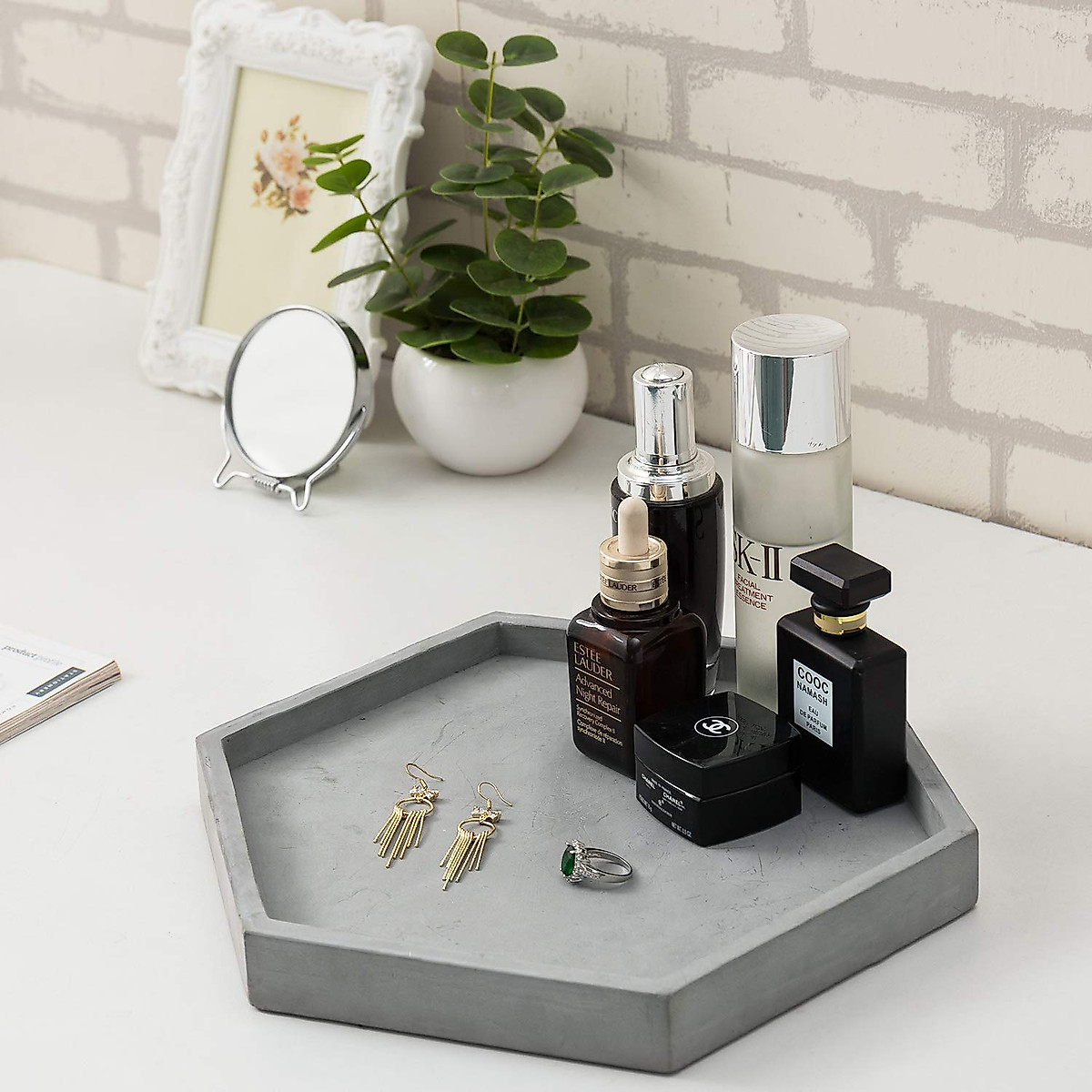 MyGift Modern Gray Concrete Hexagonal Decorative Display Bathroom Vanity Tray