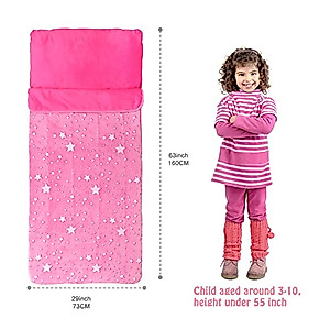 Kids Sleeping Bag for Girls, Glow in The Dark Slumber Bag, Sleeping Bag for Kids with Pillow, Soft Sleeping Bag for Toddler, Sleeping Bags for Girls Boys Daycare, Naps and Sleepovers,63" x 29"