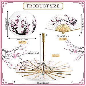 Tallew 12 Pcs Cherry Blossom Decor Set, Including 2 Chinese Japanese Oiled Paper Umbrella, 4 Pink Lanterns and 6 Handheld Silk Decorative Folding Fans for Wedding Party Favor