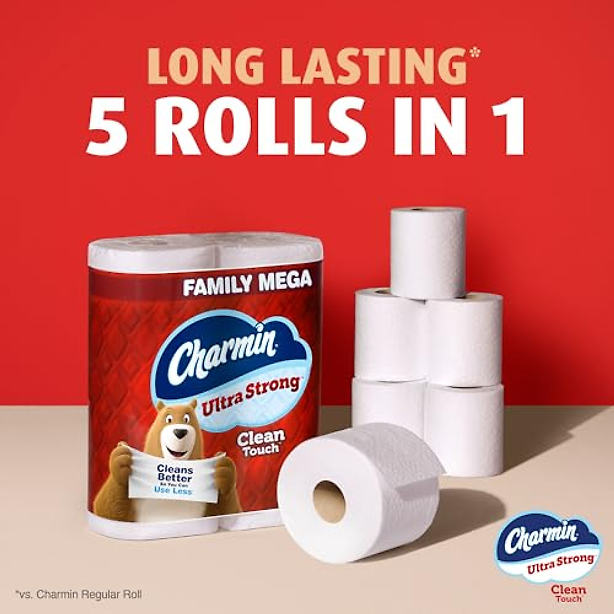 Charmin Toilet Paper Ultra Strong Clean Touch, 24 Family Mega Rolls = 120 Regular Rolls (Packaging May Vary), Bulk Toilet Paper, Household Essentials