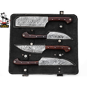 Sapra Hand Forged Custom Made Damascus Steel 4 Pcs Outdoor BBQ Professional Utility knives chef knife set for kitchen with Handmade Leather Roll Bag P-2090-R-KCS
