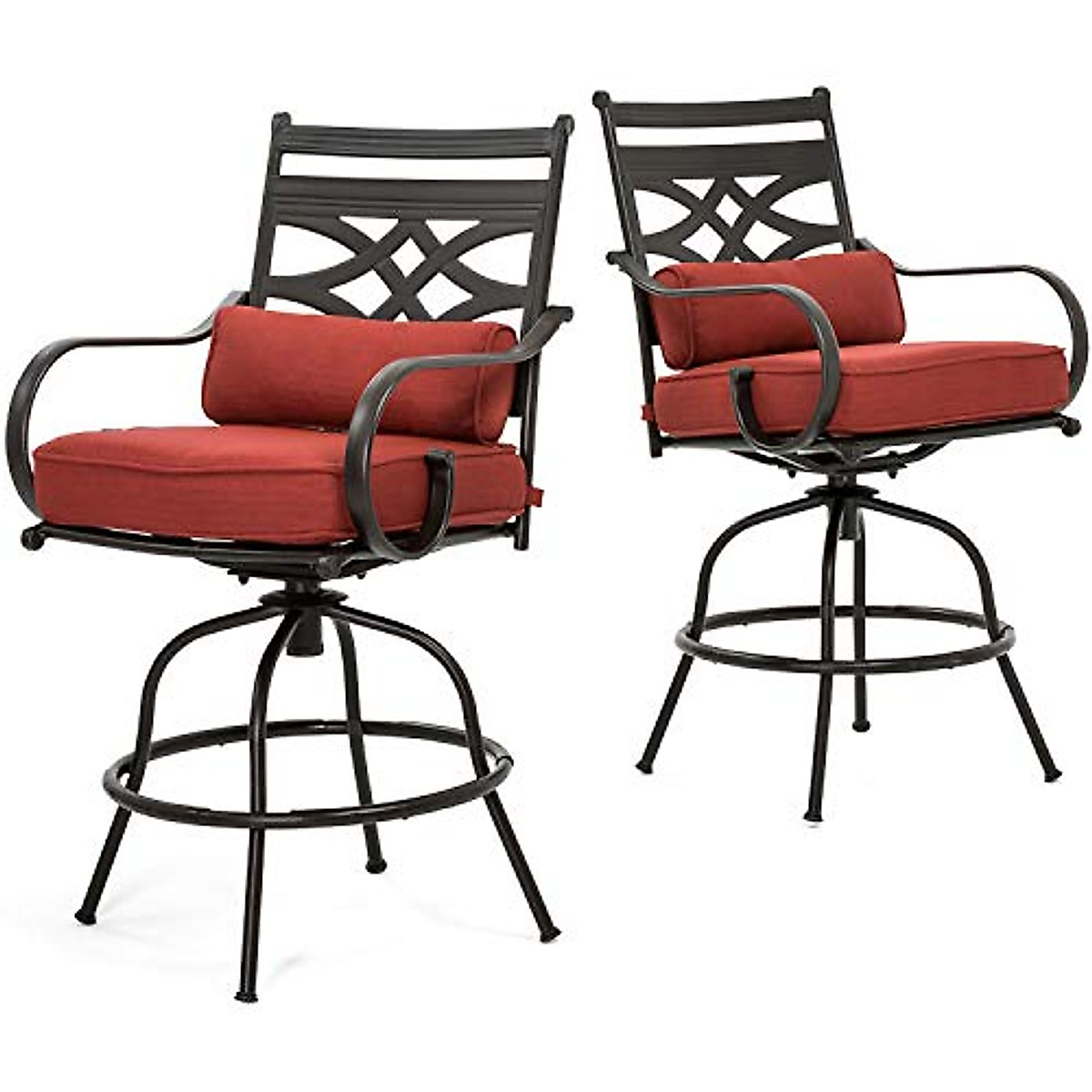 Hanover Montclair 5-Piece High Dining Patio Set with 33'' Steel Stamped Square Bar Height Table and 4 Red Cushioned Tall Swivel Chairs, Modern All-Weather Outdoor Furniture for Backyard and Deck