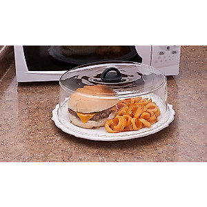 Tall Microwave Tempered Borosilicate Glass Plate Cover with Black Easy-Grip Silicone Handle - Unvented to Steam Food -Microwaveable/Oven/Stove Safe - Black Silicone Handle for Safe Easy Grip
