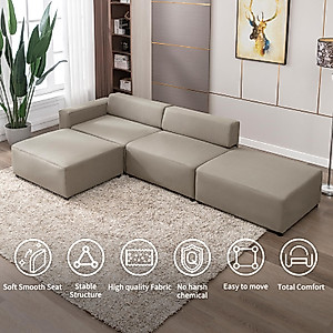 BALUS 113''Sectional Sofa L Shaped Sleeper of Convertible, Modular Sectional Sofa, Convertible Sectional Sofa with Ottoman for Living Room, W113*D64*H26, Beige