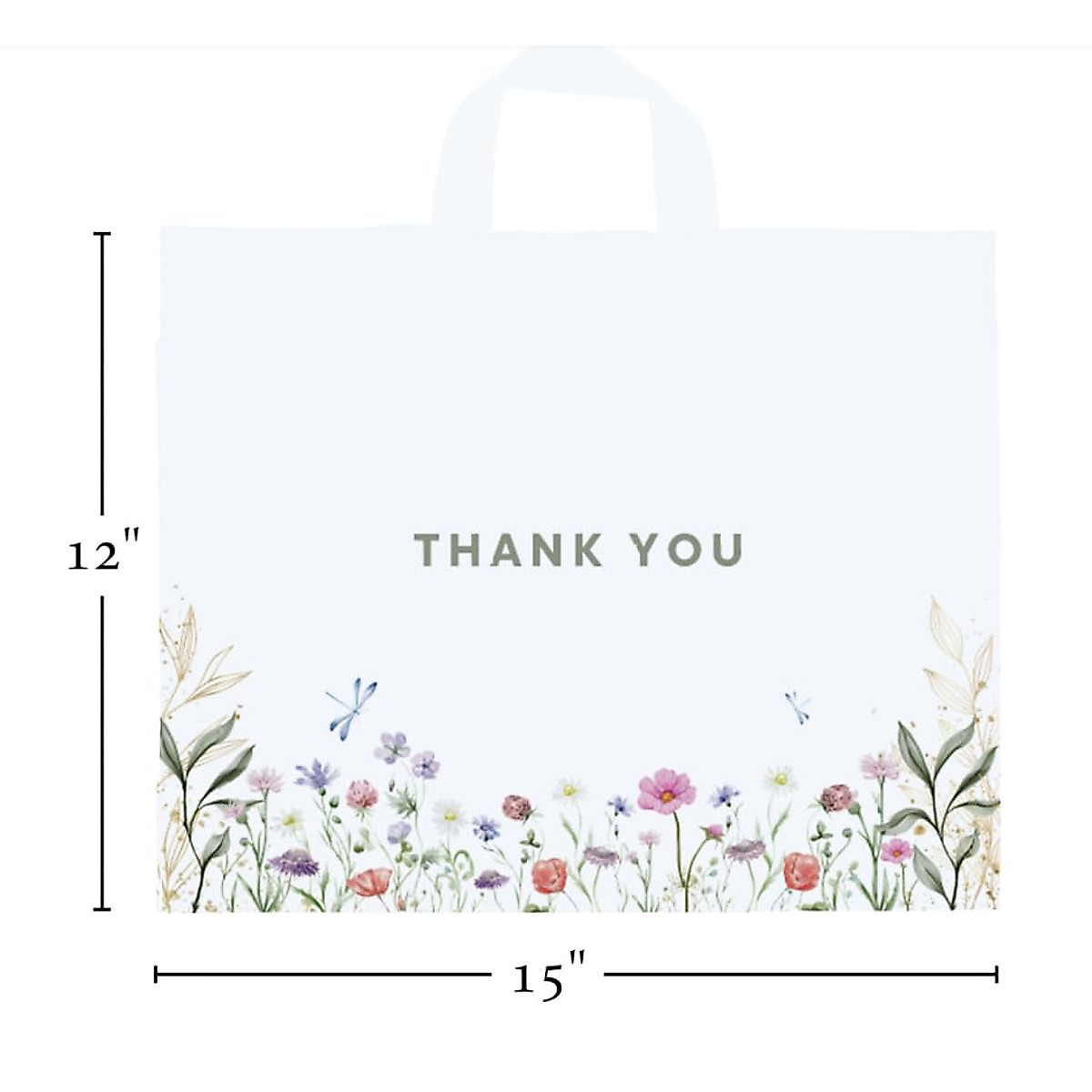 Purple Q Crafts Thank You Bags for Business and Stores 50 Pack 15" W x 12" H Floral Plastic Shopping Bags With Soft Loop Handle