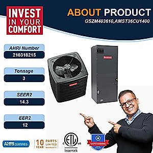 Goodman 3 Ton 14.3 SEER2 High-Efficiency Single Stage Split System Heat Pump GSZM403610 and Multi-Positional Multi-Speed Air Handler AMST36CU1400 with Internal TXV