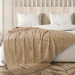 PAVILIA Tan Taupe Knit Throw Blanket Couch, Soft Knitted Boho Farmhouse Home Decor Woven Throw, Cozy Decorative Afghan Bed Sofa, Outdoor Summer Fall Gift Lightweight, Neutral Beige Camel Brown, 50x60