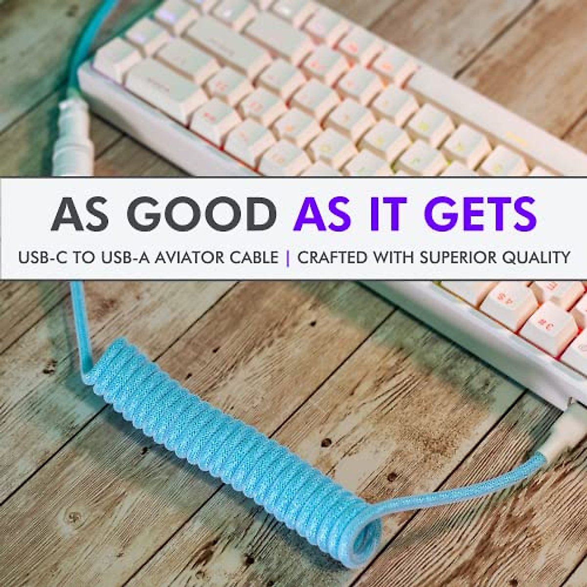 Tilted Nation Coiled USB C Cable for Mechanical Keyboard - Flexible but Tough - Detachable Aviator Coiled Keyboard Cable USB C - (5ft to 5.7ft Length) USB-A to USB-C Keyboard Coiled Cable - Blue