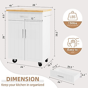 Shintenchi Kitchen Island Cart with Storage,Rolling Side Table on Wheels with Large Worktop, Cabinet,Towel Rack and Drawers for Kitchen,Dinning Room, White