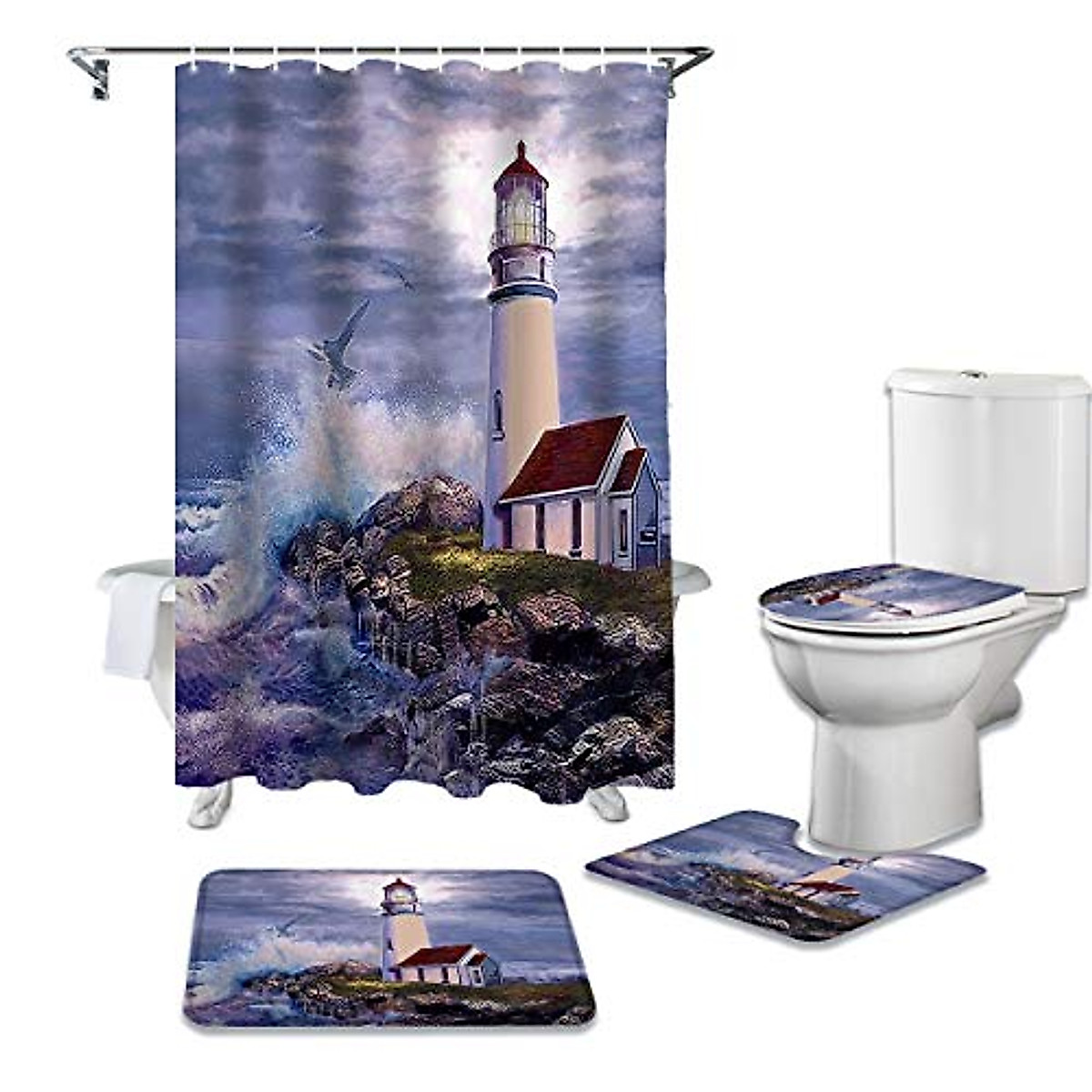 Singingin Shower Curtain Set with Bathroom Rugs and Mats Beautiful Landscape of Lighthouse Bathroom Rugs Set 4 Piece,Non-Slip Rugs,Toilet Lid Cover and Bath Mat,Waterproof Shower Curtain for Tub