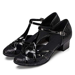 Minishion Women's T-strap Dance Heels Black/3.5cm Heel Glitter Salsa Ballroom Shoes US 10