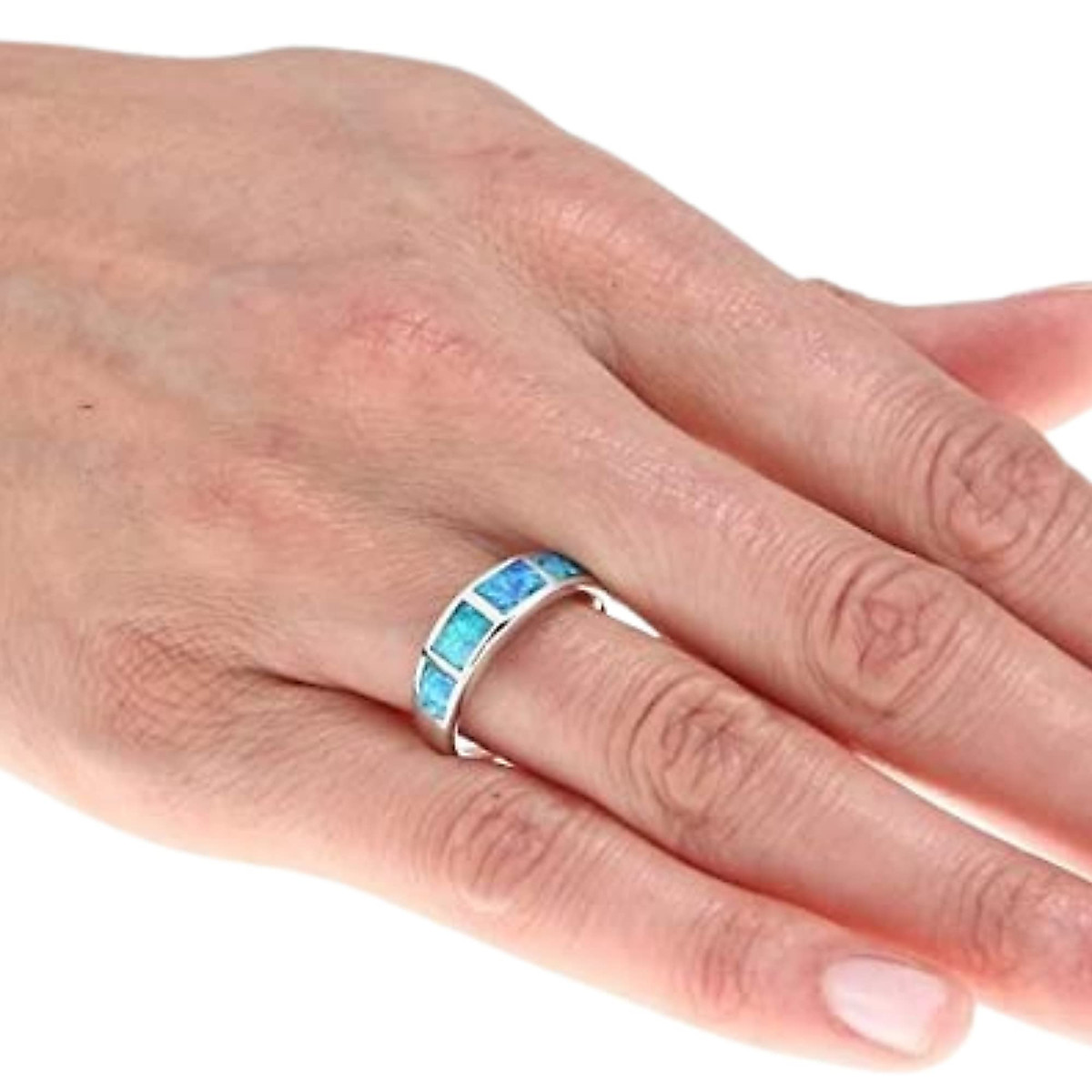 Beaux Bijoux Sterling Silver Simulated Opal Ring for Women | Created Blue Opal Gemstone Band Ring | Fine Jewelry