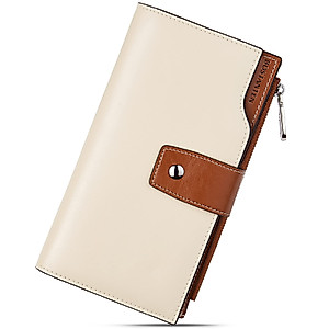 BOSTANTEN Womens Wallet Genuine Leather Wallets Large Capacity Cash Cluth Purses with Zipper Pocket Beige-Brown