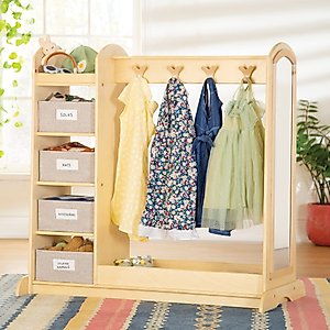 Guidecraft EdQ Dress-up Storage with Bins Natural: Kids Dress Up Rack with Mirror, Shoe Storage Shelf, and Cubbies for Costume and Pretend Play | Toddler Closet, Montessori Wood Bedroom Furniture