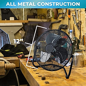 EZ-CHILL 12” Cradle Floor Fan, 3 Speed, High Velocity, 180 Degree Adjustable Tilt, All-Metal, Carry Handle, Rubber Feet, Airflow 15.42 ft/sec, Ideal for Home, Bedroom & Office, MTFDB-12